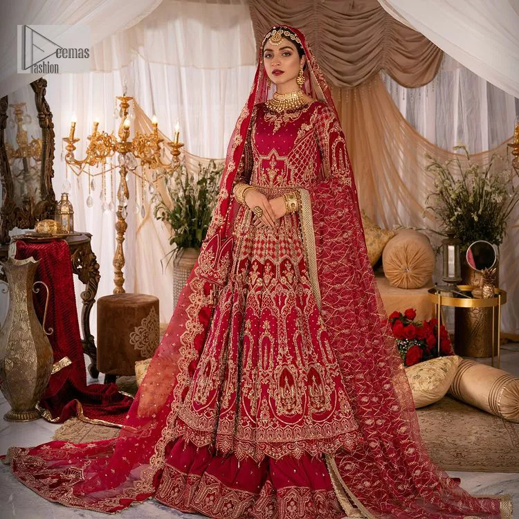 Red Front Open Maxi - Can Can Lehenga n Duppata - Reception