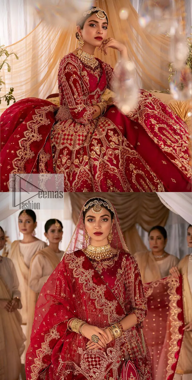 Red Front Open Maxi - Can Can Lehenga n Duppata - Reception