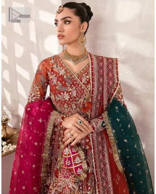 Deep Rust Heavy Angrakha n Lehenga - Green Dupatta As Mehndi