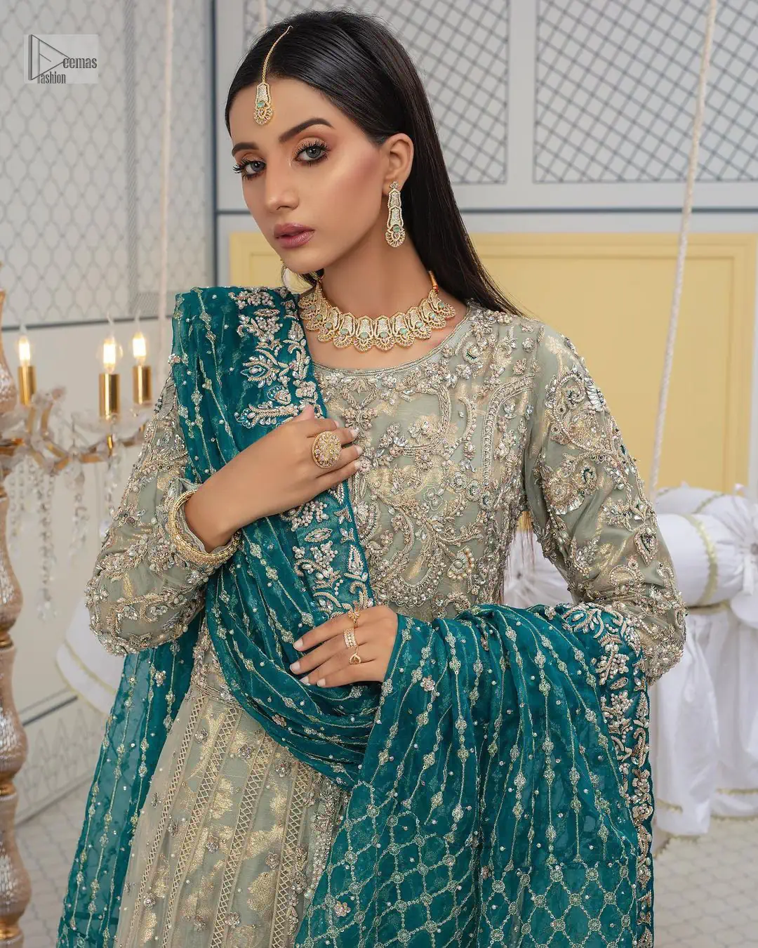 Soft Green Front Open Maxi - Teal Green Dupatta As Nikah Wear