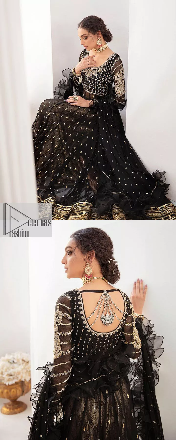 Black Flared Frock - Lehenga n Frilled Dupatta As Party Wear