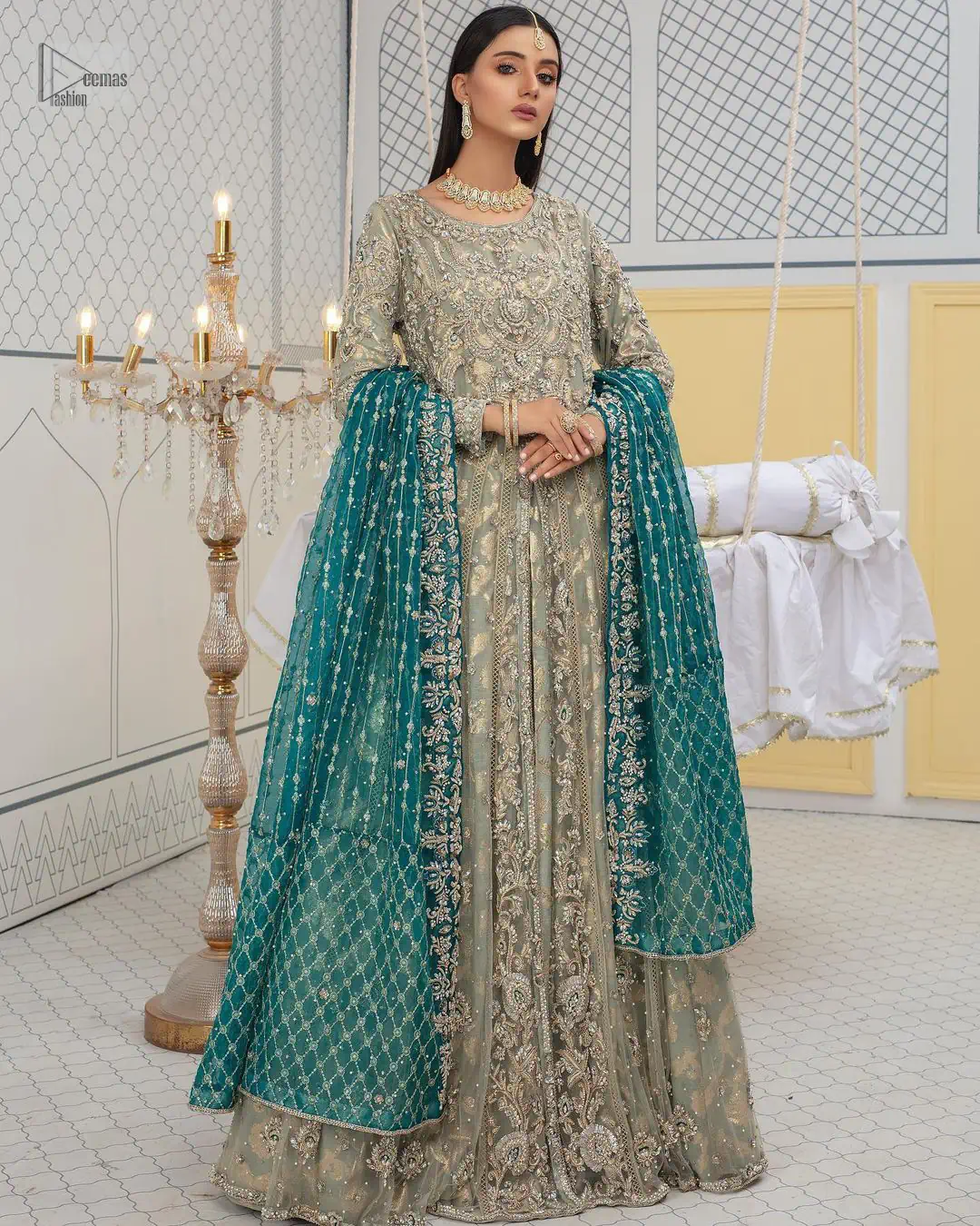 Soft Green Front Open Maxi - Teal Green Dupatta As Nikah Wear